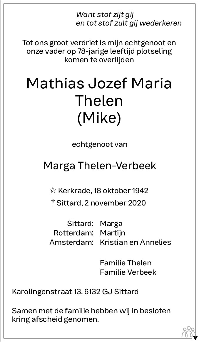 Mathias Jozef Maria (Mike) Thelen 02-11-2020 overlijdensbericht en ...