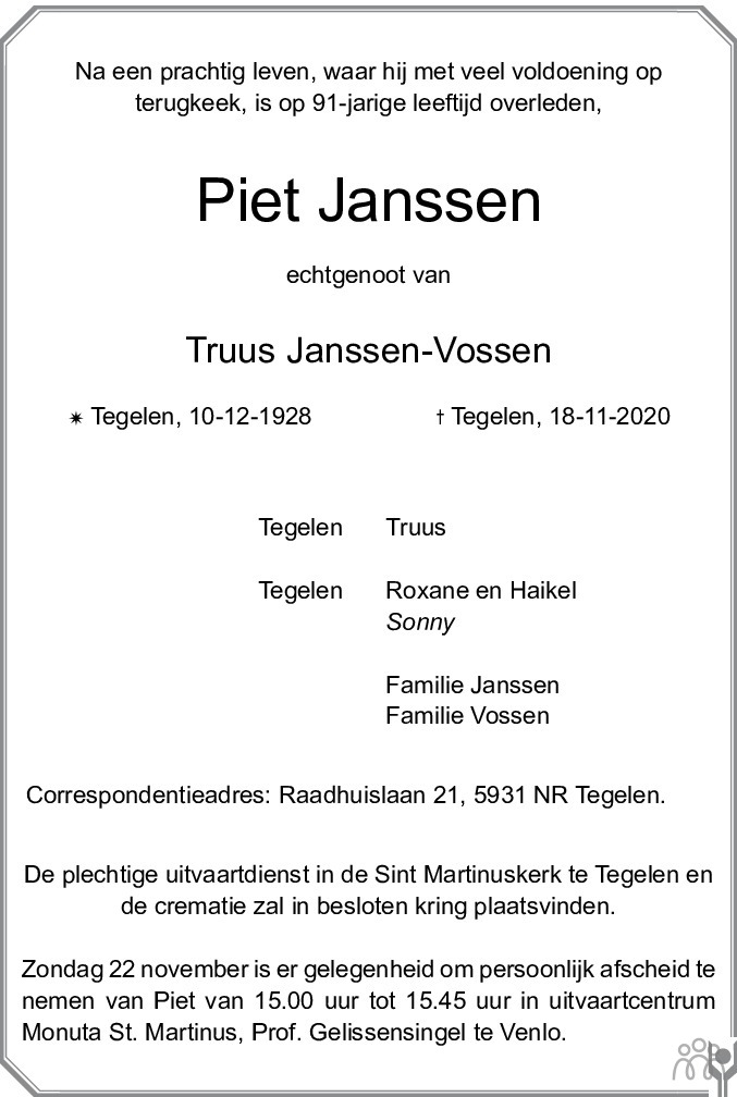 Piet Janssen 18-11-2020 overlijdensbericht en condoleances - Mensenlinq.nl