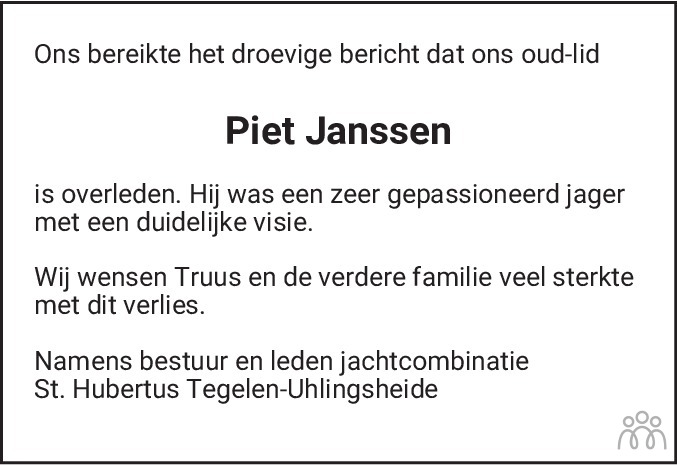 Piet Janssen 18-11-2020 overlijdensbericht en condoleances - Mensenlinq.nl