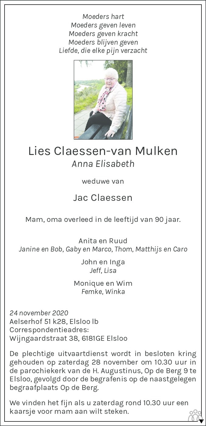 Lies (Anna Elisabeth) Claessen-van Mulken 24-11-2020 overlijdensbericht ...