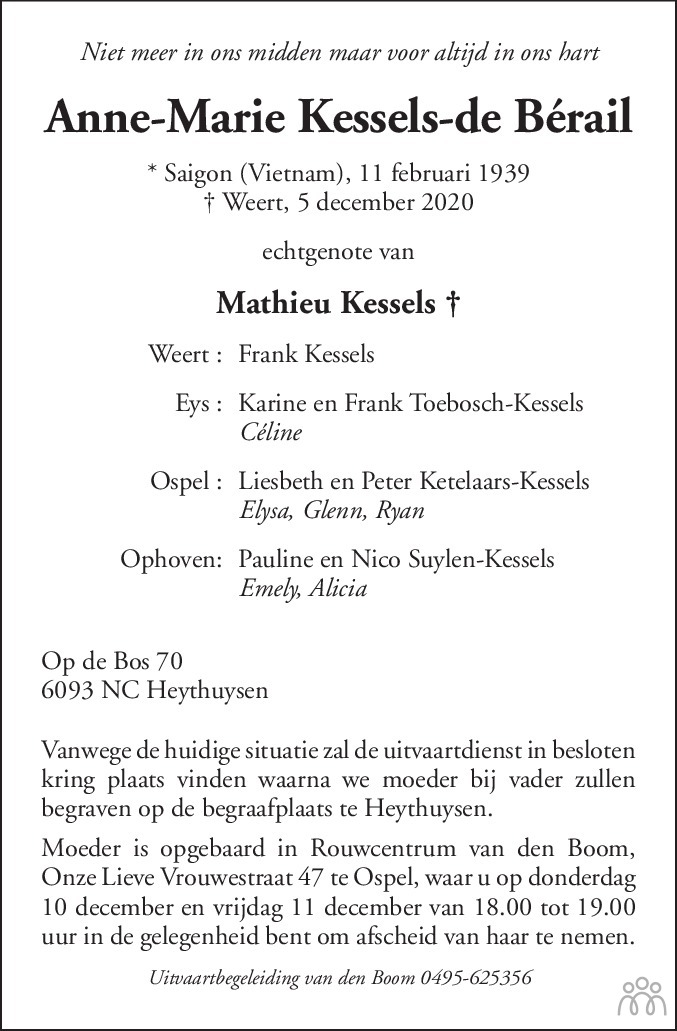Anne-Marie Kessels-de Bérail 05-12-2020 overlijdensbericht en ...