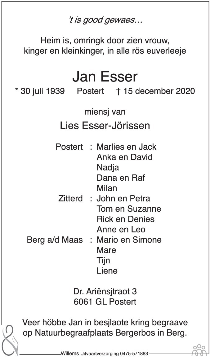 Jan Esser 15-12-2020 overlijdensbericht en condoleances - Mensenlinq.nl