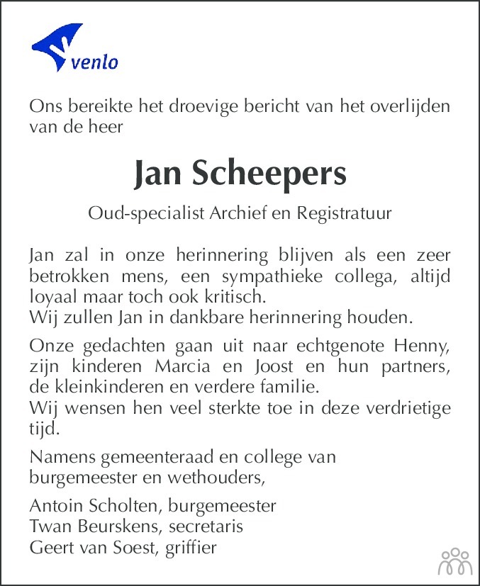 Jan Scheepers 19-12-2020 overlijdensbericht en condoleances - Mensenlinq.nl