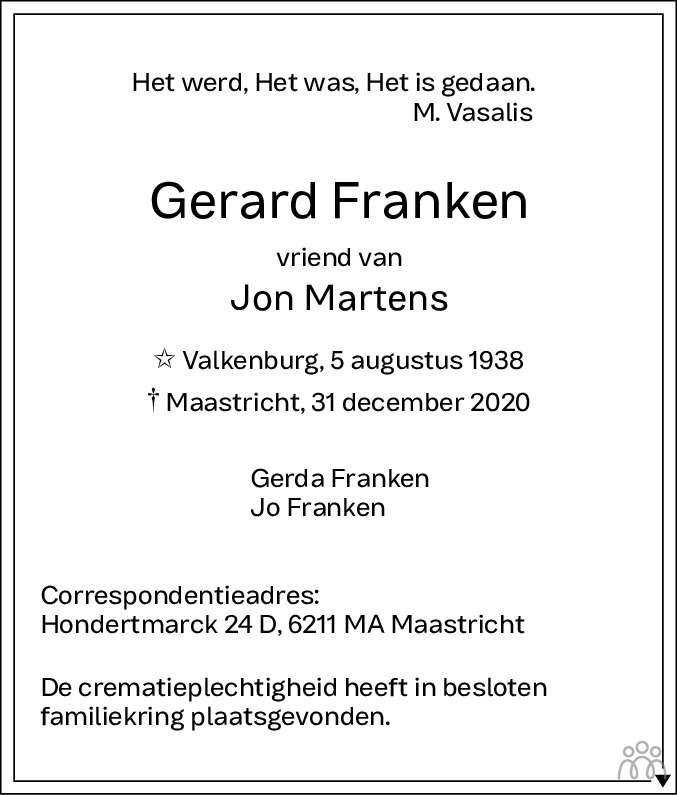 Gerard Franken 31-12-2020 overlijdensbericht en condoleances ...