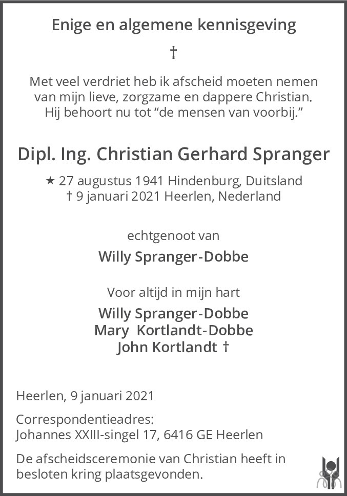 Dipl. Ing. Christian Gerhard Spranger 09-01-2021 overlijdensbericht en ...