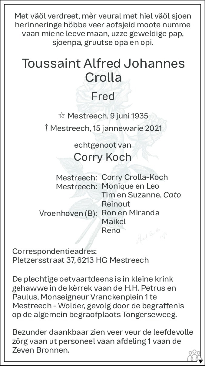 Toussaint Alfred Johannes (Fred) Crolla 15-01-2021 overlijdensbericht ...