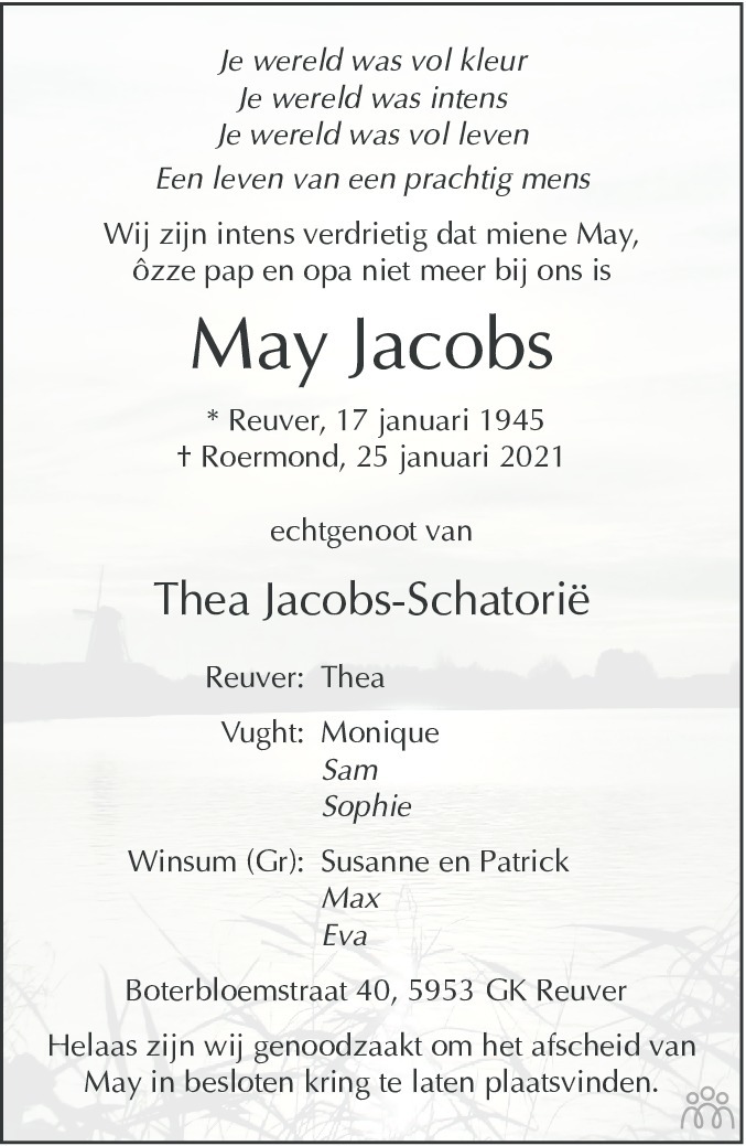May Jacobs 25-01-2021 overlijdensbericht en condoleances - Mensenlinq.nl