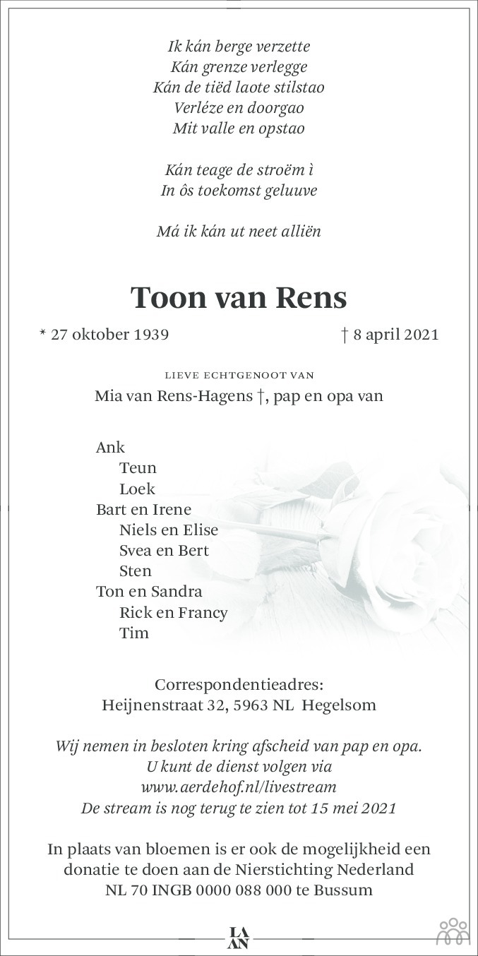 Toon van Rens 08-04-2021 overlijdensbericht en condoleances - Mensenlinq.nl