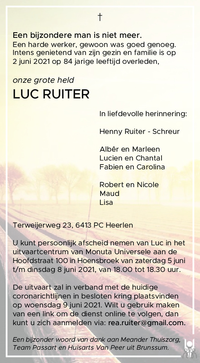 Luc Ruiter 02-06-2021 overlijdensbericht en condoleances - Mensenlinq.nl