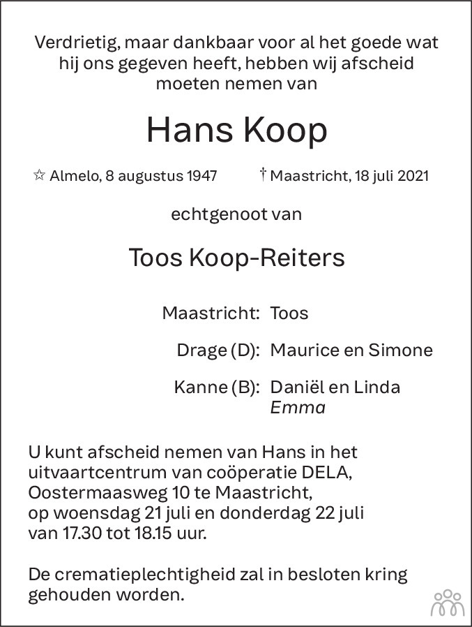 Hans Koop 18-07-2021 overlijdensbericht en condoleances - Mensenlinq.nl