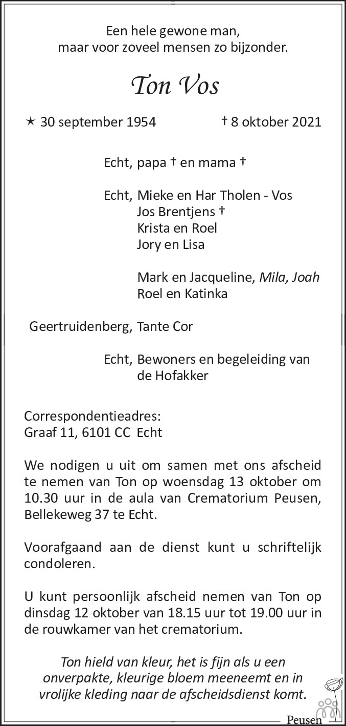 Ton Vos 08-10-2021 overlijdensbericht en condoleances - Mensenlinq.nl