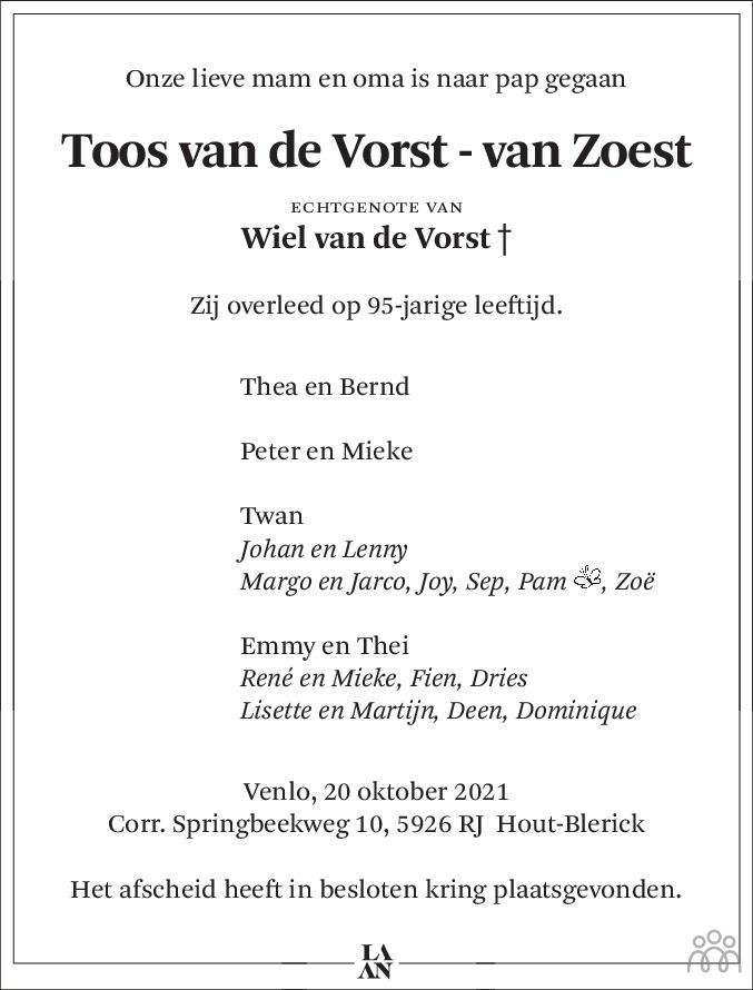 Toos van de Vorst-van Zoest 20-10-2021 overlijdensbericht en ...