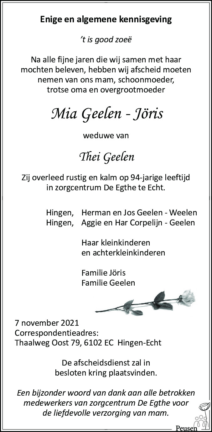 Mia Geelen-Jöris 07-11-2021 overlijdensbericht en condoleances ...