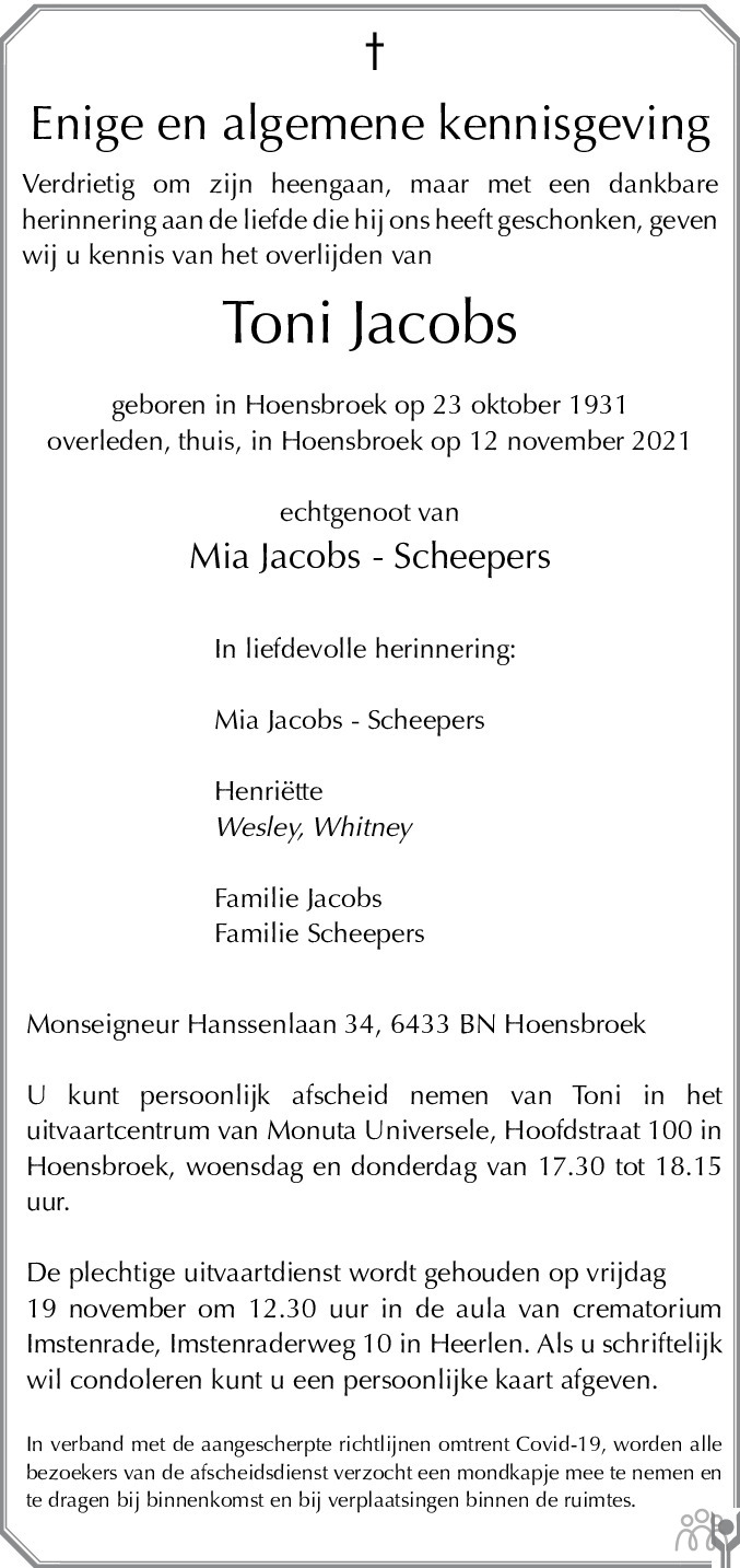Toni Jacobs 12-11-2021 overlijdensbericht en condoleances - Mensenlinq.nl