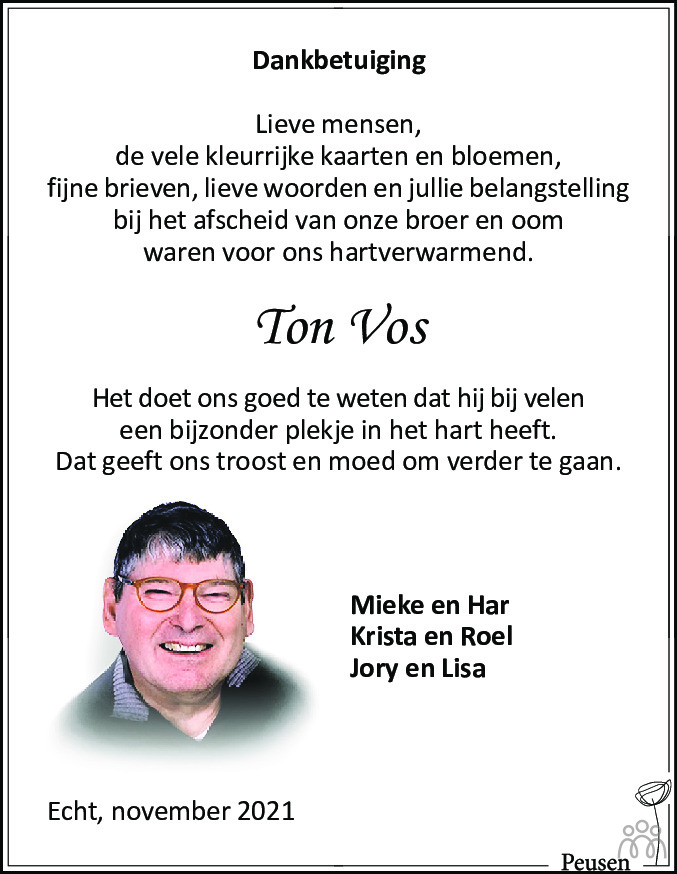 Ton Vos 08-10-2021 overlijdensbericht en condoleances - Mensenlinq.nl