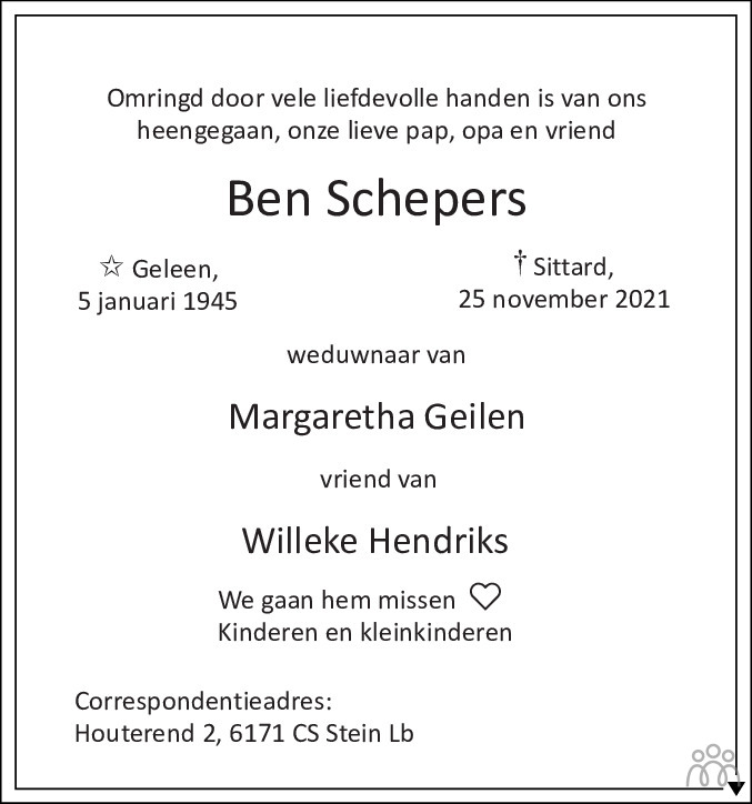 Ben Schepers 25-11-2021 overlijdensbericht en condoleances - Mensenlinq.nl