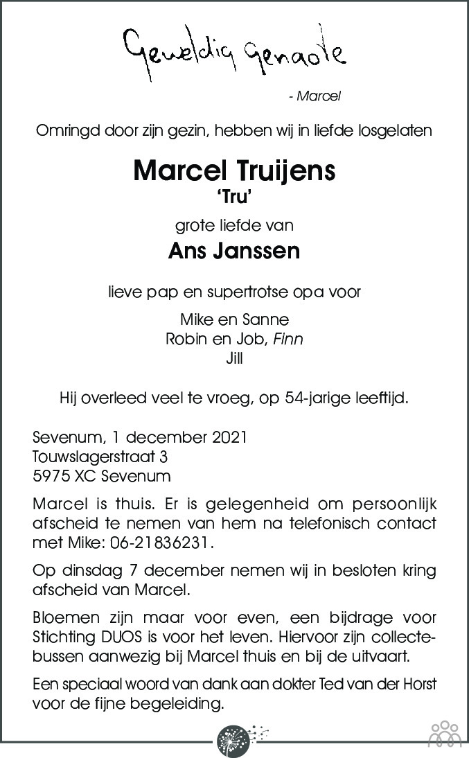 Marcel (Tru) Truijens 01-12-2021 overlijdensbericht en condoleances ...