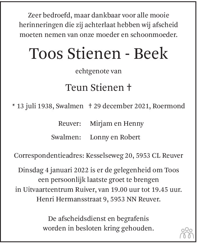 Toos Beek 29-12-2021 overlijdensbericht en condoleances - Mensenlinq.nl