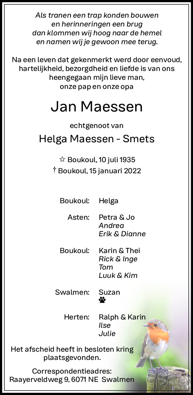 Jan Maessen 15-01-2022 overlijdensbericht en condoleances - Mensenlinq.nl