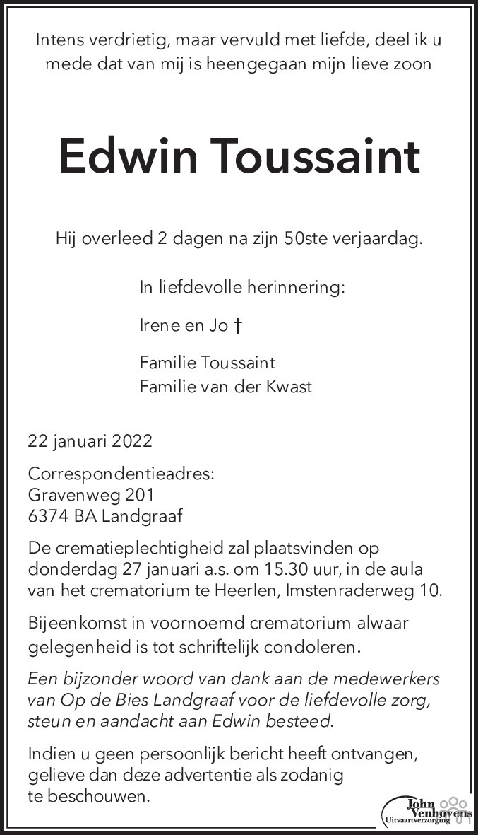 Edwin Toussaint 22-01-2022 overlijdensbericht en condoleances ...