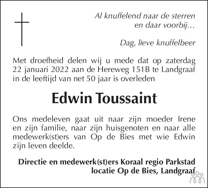 Edwin Toussaint 22-01-2022 overlijdensbericht en condoleances ...