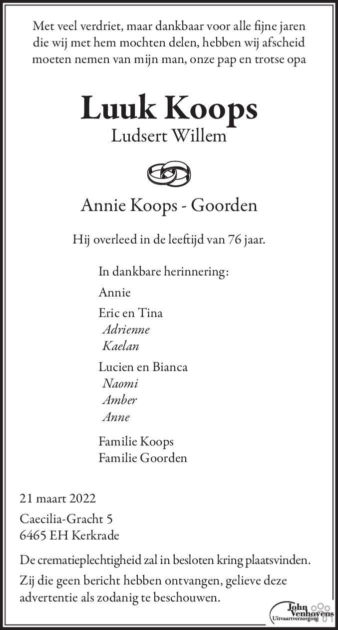 Luuk (Ludsert Willem) Koops 21-03-2022 overlijdensbericht en ...