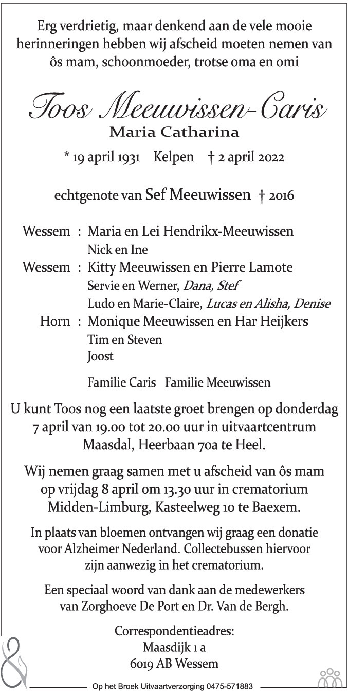 Toos (Maria Catharina) Meeuwissen-Caris 02-04-2022 overlijdensbericht ...