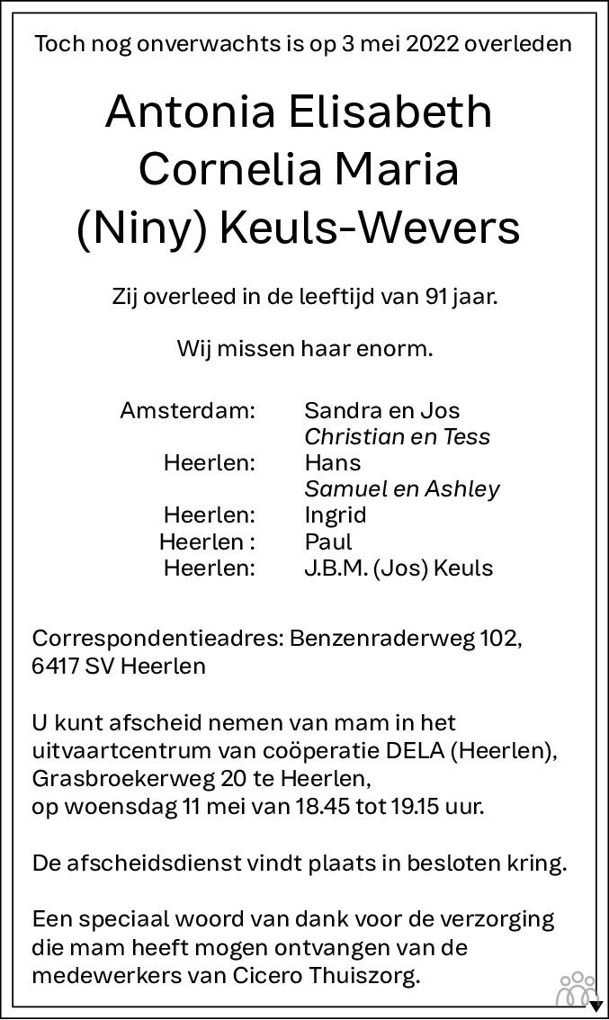 Antonia Elisabeth Cornelia Maria (Niny) Keuls-Wevers 03-05-2022 ...
