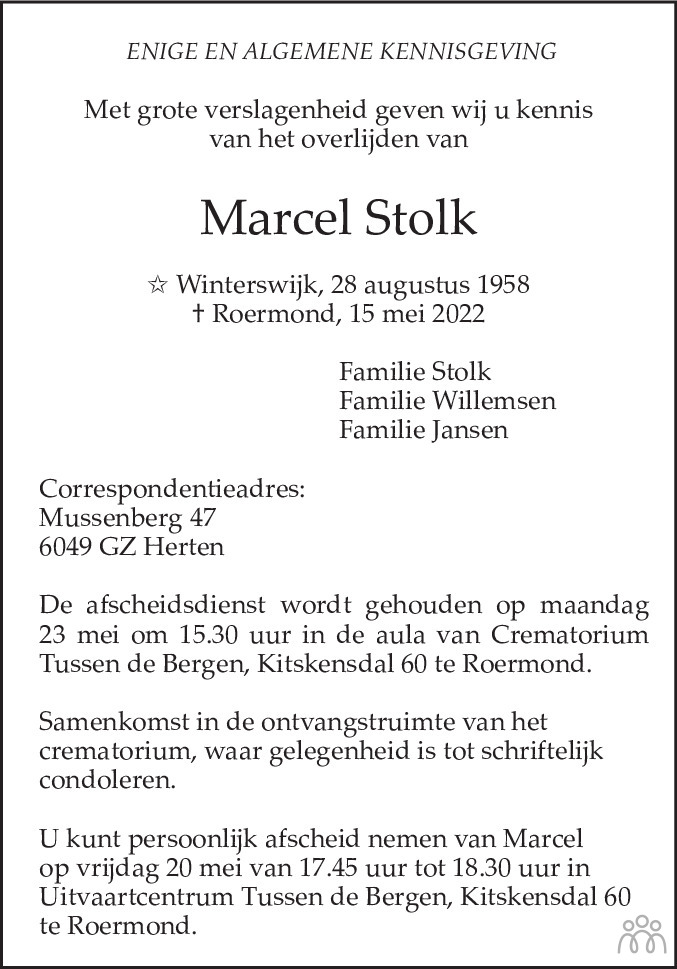 Marcel Stolk 15-05-2022 overlijdensbericht en condoleances - Mensenlinq.nl