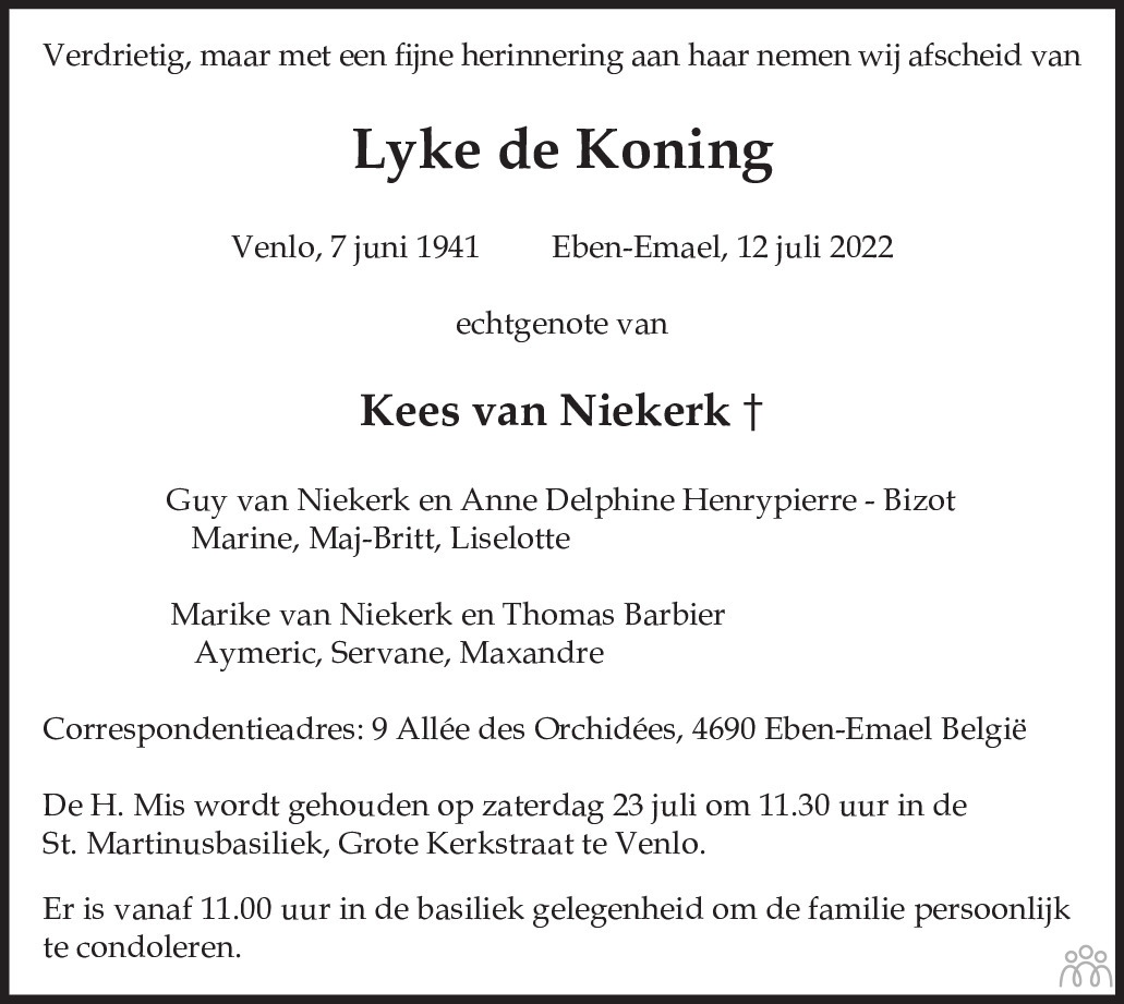 Lyke van Niekerk-de Koning 12-07-2022 overlijdensbericht en ...