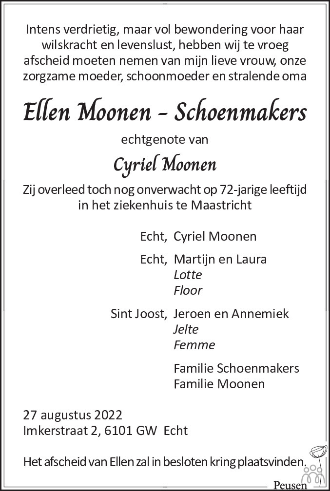Ellen Moonen-Schoenmakers 27-08-2022 overlijdensbericht en condoleances - Mensenlinq.nl