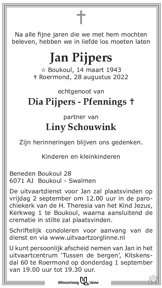 Jan Pijpers 28-08-2022 overlijdensbericht en condoleances - Mensenlinq.nl