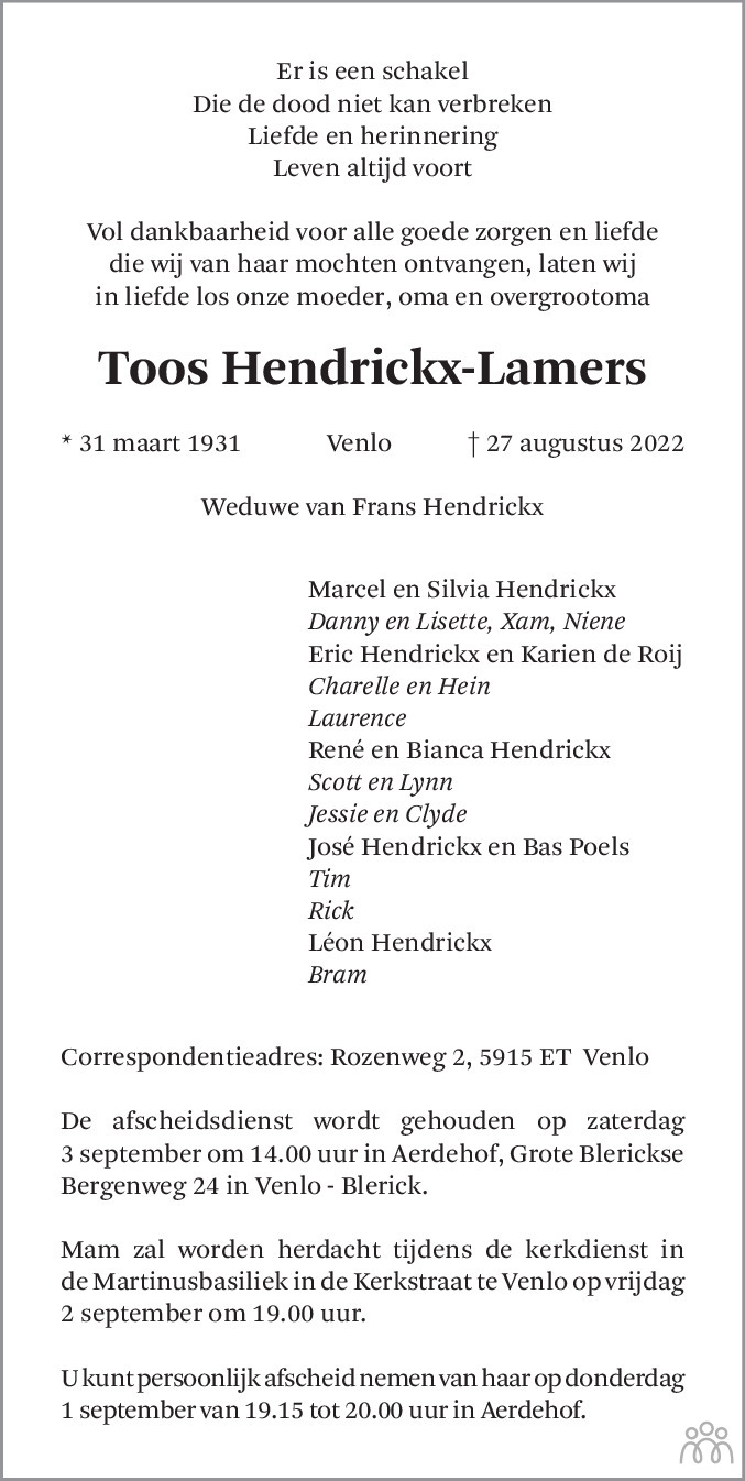 Toos Hendrickx-Lamers 27-08-2022 overlijdensbericht en condoleances ...