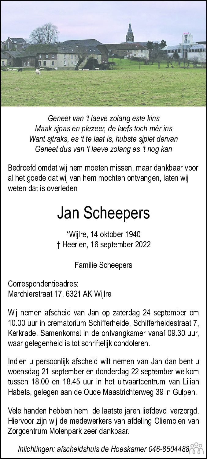 Jan Scheepers 16-09-2022 overlijdensbericht en condoleances - Mensenlinq.nl
