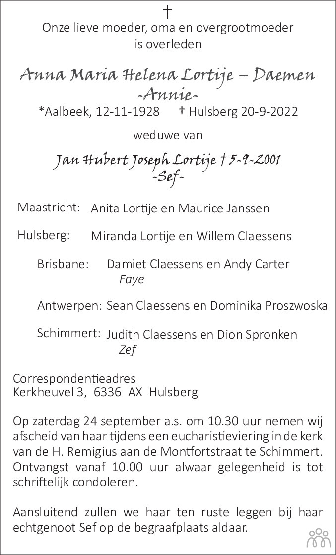 Anna Maria Helena (Annie) Lortije-Daemen 20-09-2022 overlijdensbericht ...