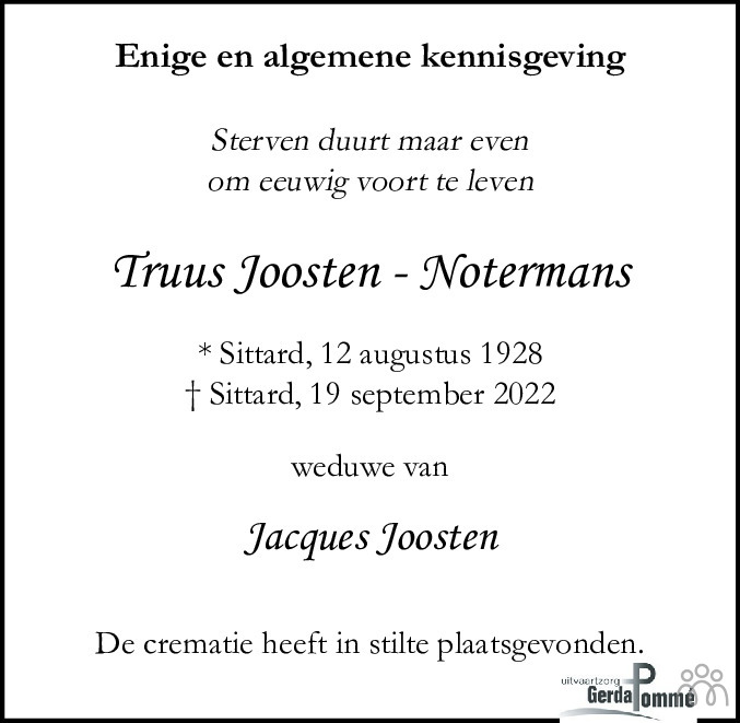 Truus Joosten-Notermans 19-09-2022 overlijdensbericht en condoleances ...