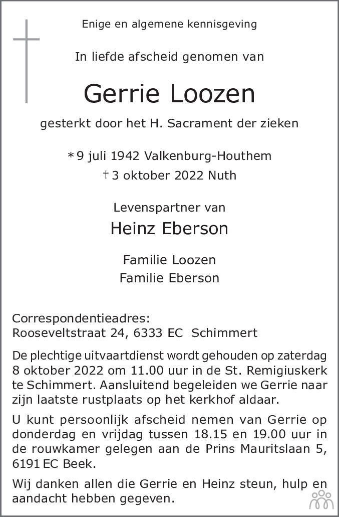 Gerrie Loozen 03-10-2022 overlijdensbericht en condoleances - Mensenlinq.nl