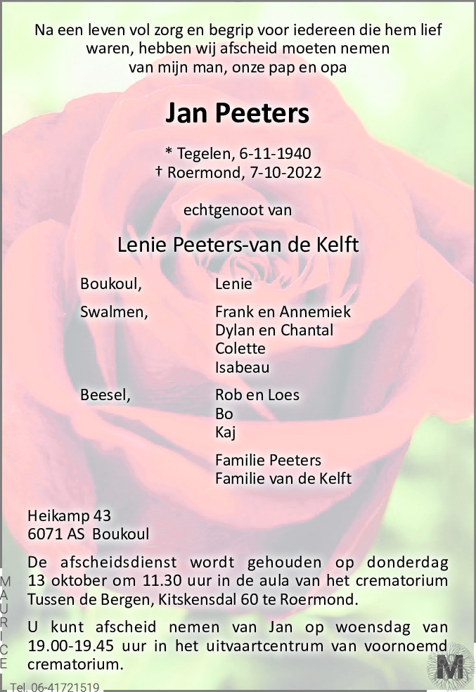 Jan Peeters 07-10-2022 overlijdensbericht en condoleances - Mensenlinq.nl