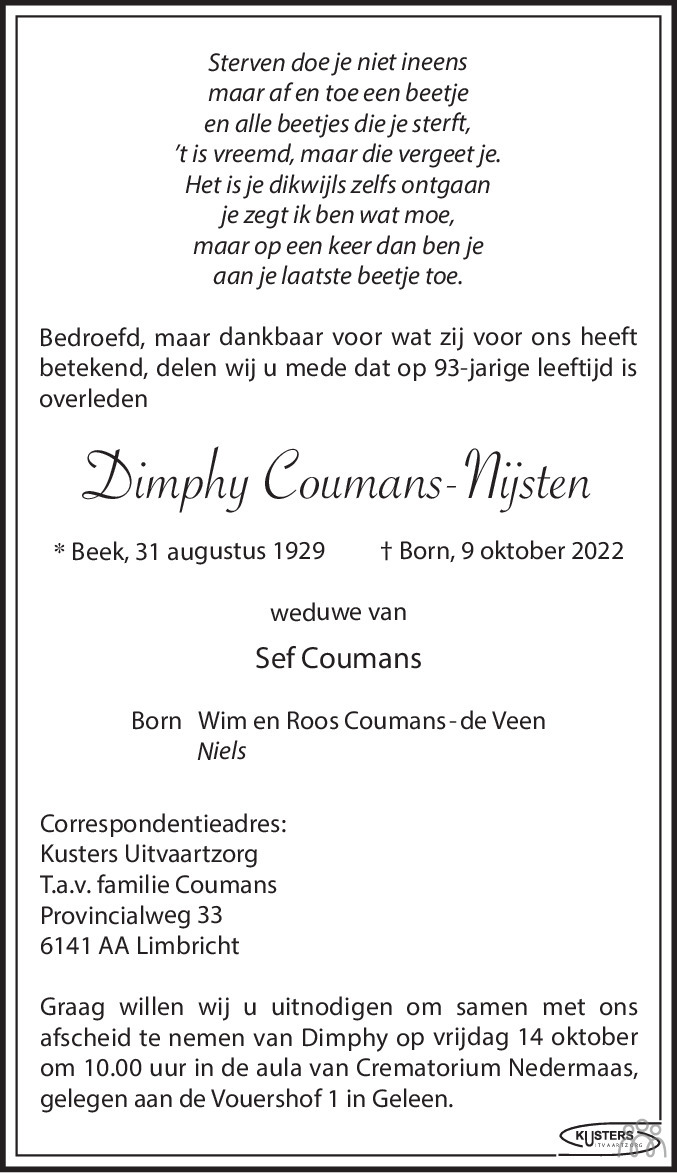 Dimphy Coumans-Nijsten 09-10-2022 overlijdensbericht en condoleances ...