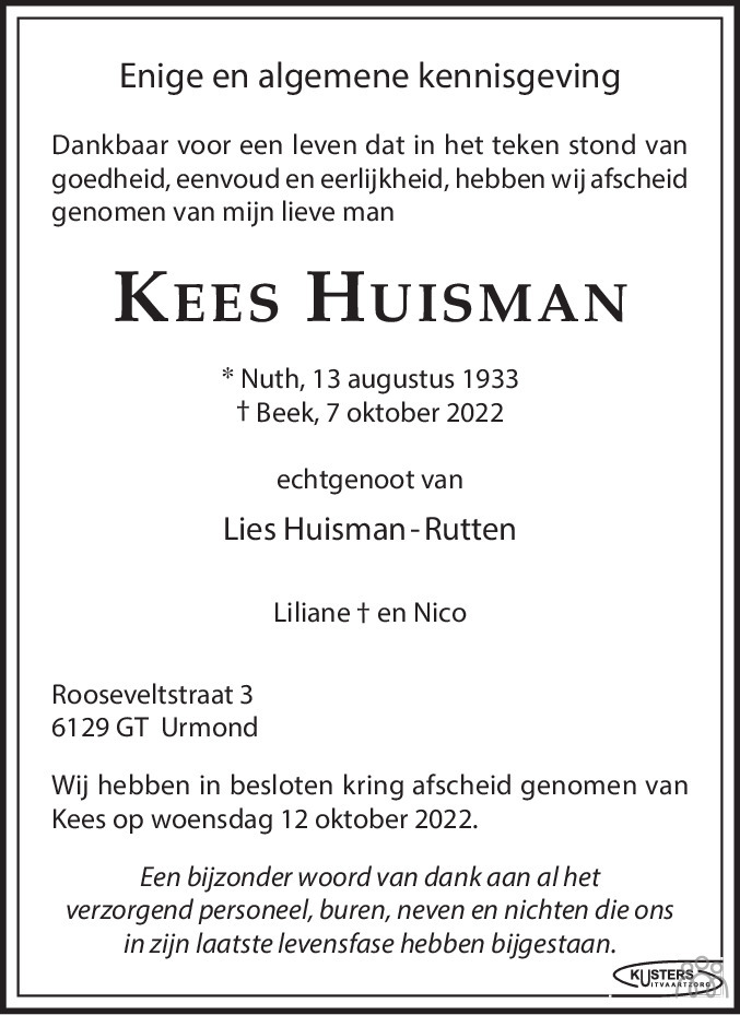 Kees Huisman 07-10-2022 overlijdensbericht en condoleances - Mensenlinq.nl