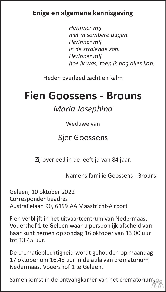 Fien Goossens-Brouns 10-10-2022 overlijdensbericht en condoleances ...