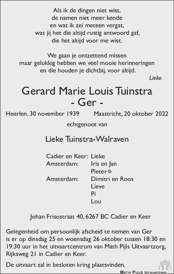 Gerard Marie Louis (Ger) Tuinstra 20-10-2022 overlijdensbericht en ...