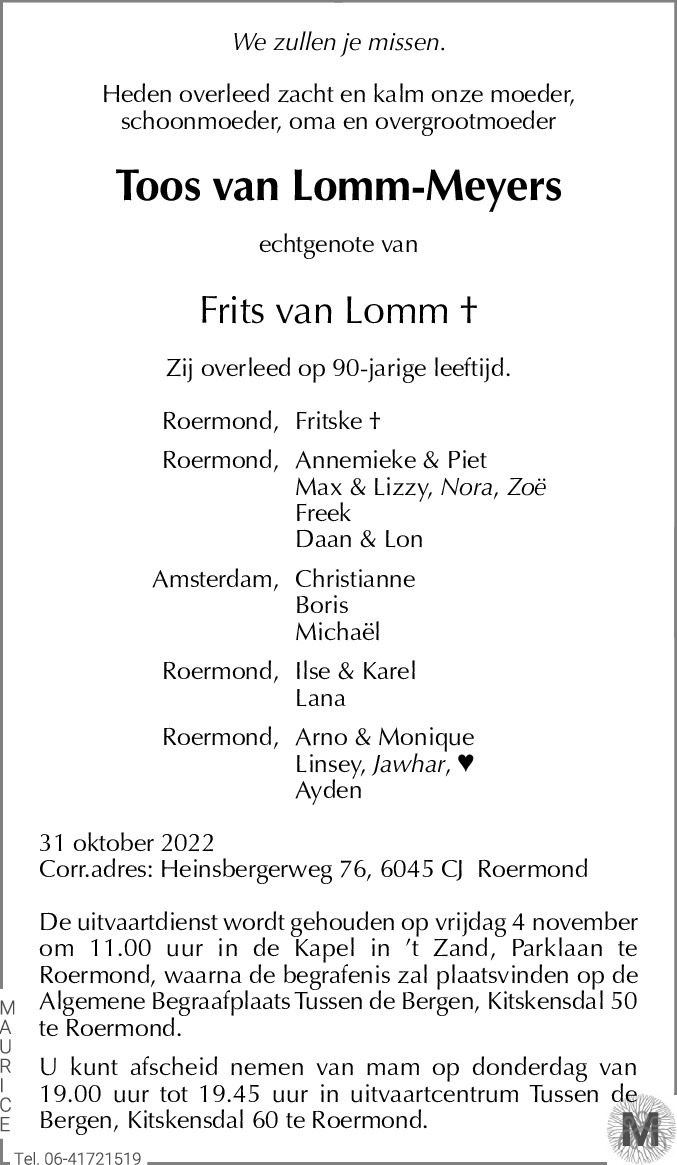 Toos van Lomm-Meyers 31-10-2022 overlijdensbericht en condoleances ...