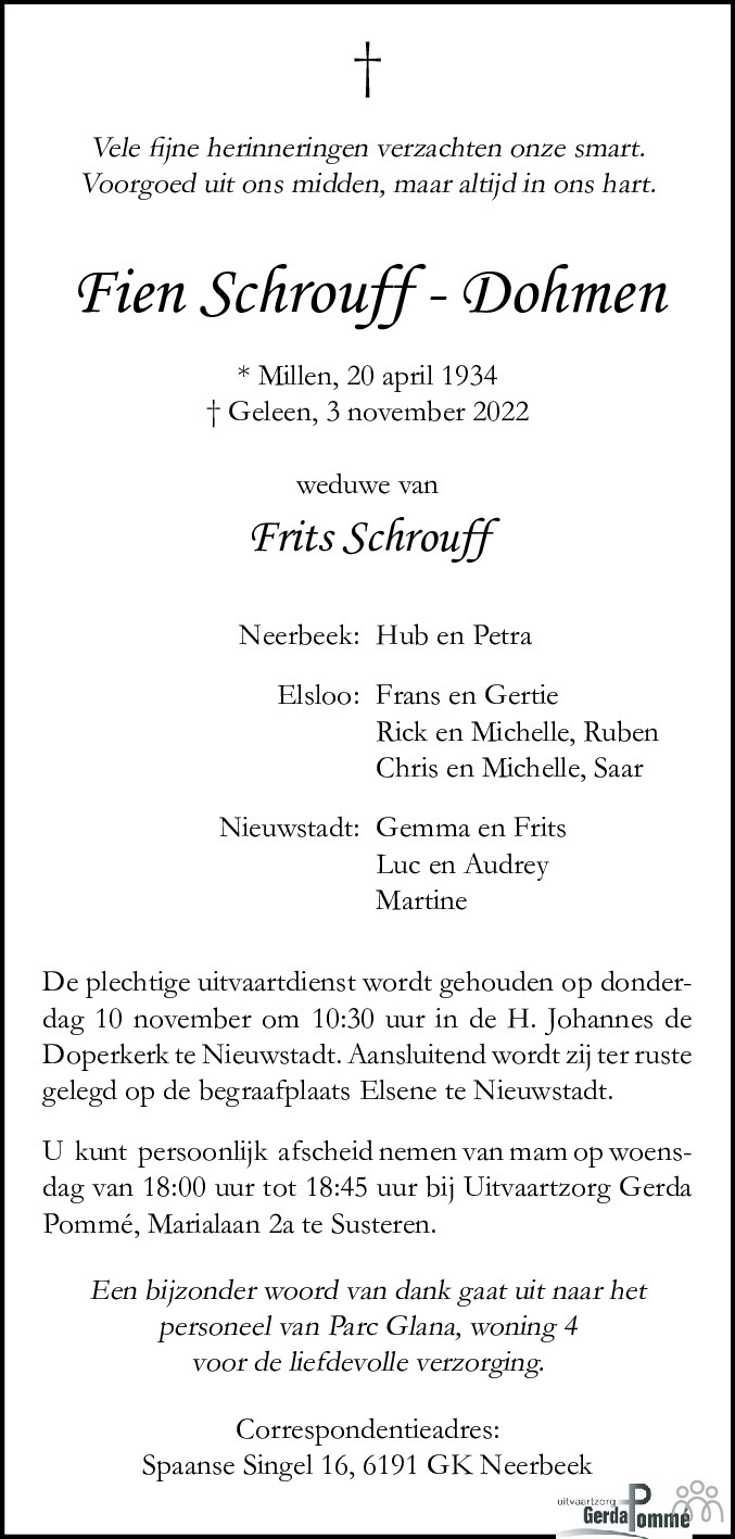 Fien Schrouff-Dohmen 03-11-2022 overlijdensbericht en condoleances ...