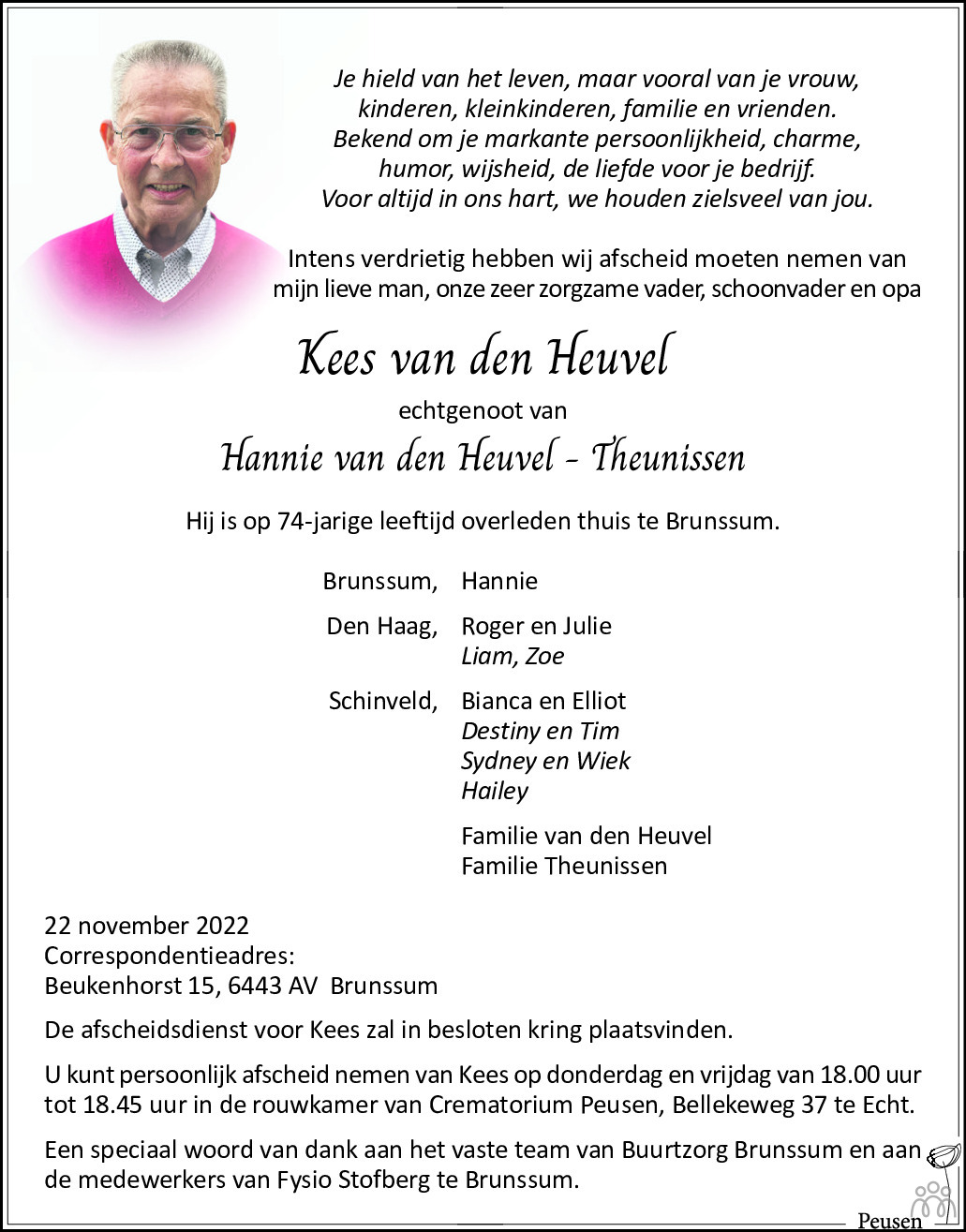 Kees van den Heuvel 22-11-2022 overlijdensbericht en condoleances ...