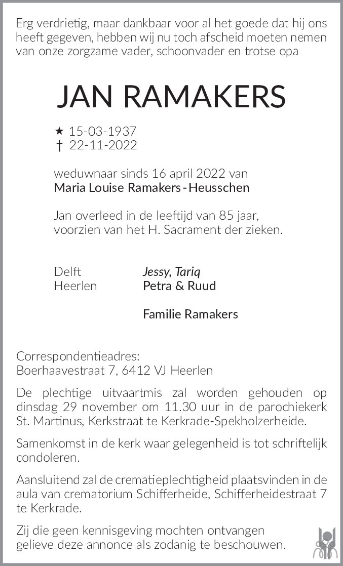 Jan Ramakers 22-11-2022 overlijdensbericht en condoleances - Mensenlinq.nl