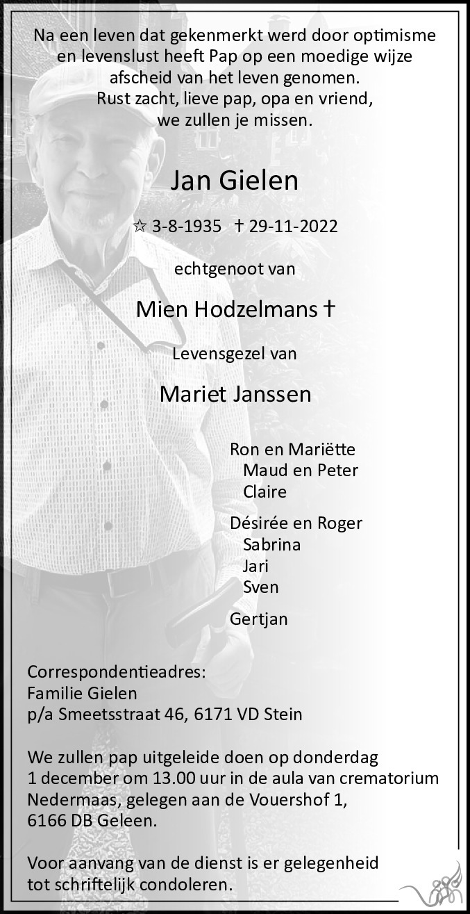 Jan Gielen 29-11-2022 overlijdensbericht en condoleances - Mensenlinq.nl