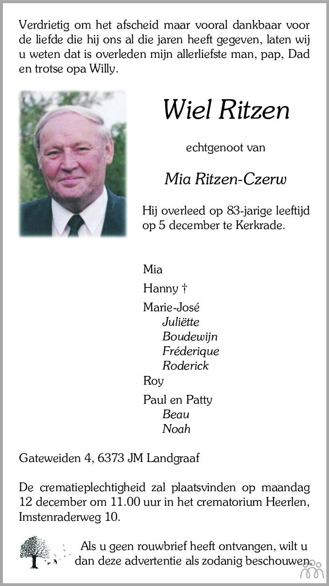 Wiel Ritzen 05-12-2022 overlijdensbericht en condoleances - Mensenlinq.nl