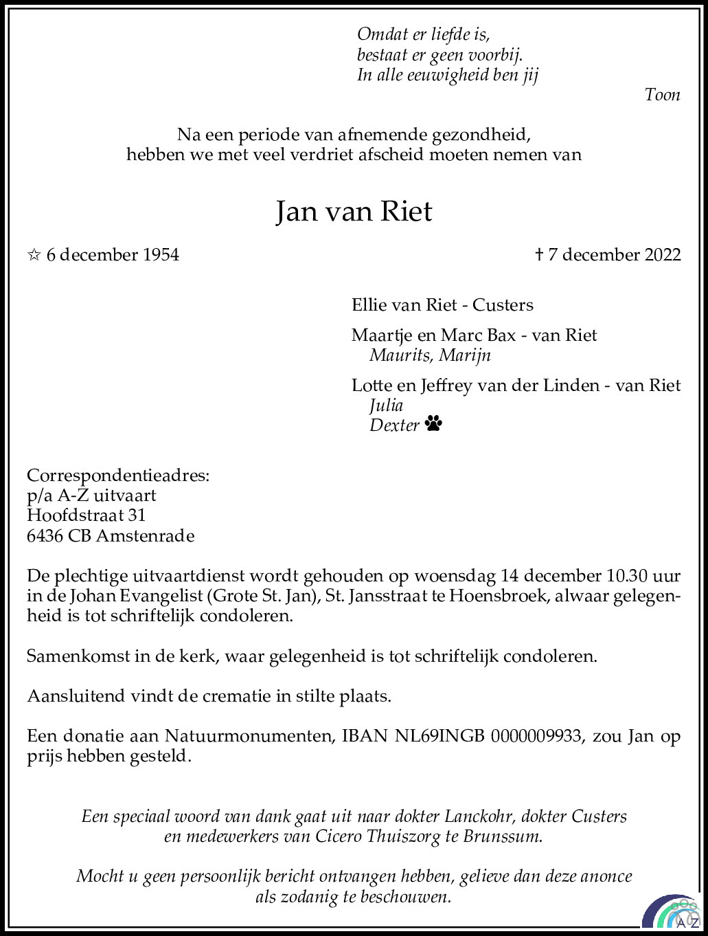 Jan van Riet 07-12-2022 overlijdensbericht en condoleances - Mensenlinq.nl