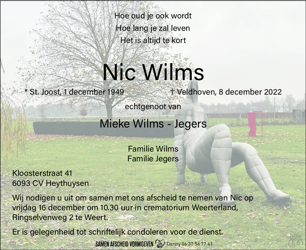 Nic Wilms 08-12-2022 overlijdensbericht en condoleances - Mensenlinq.nl